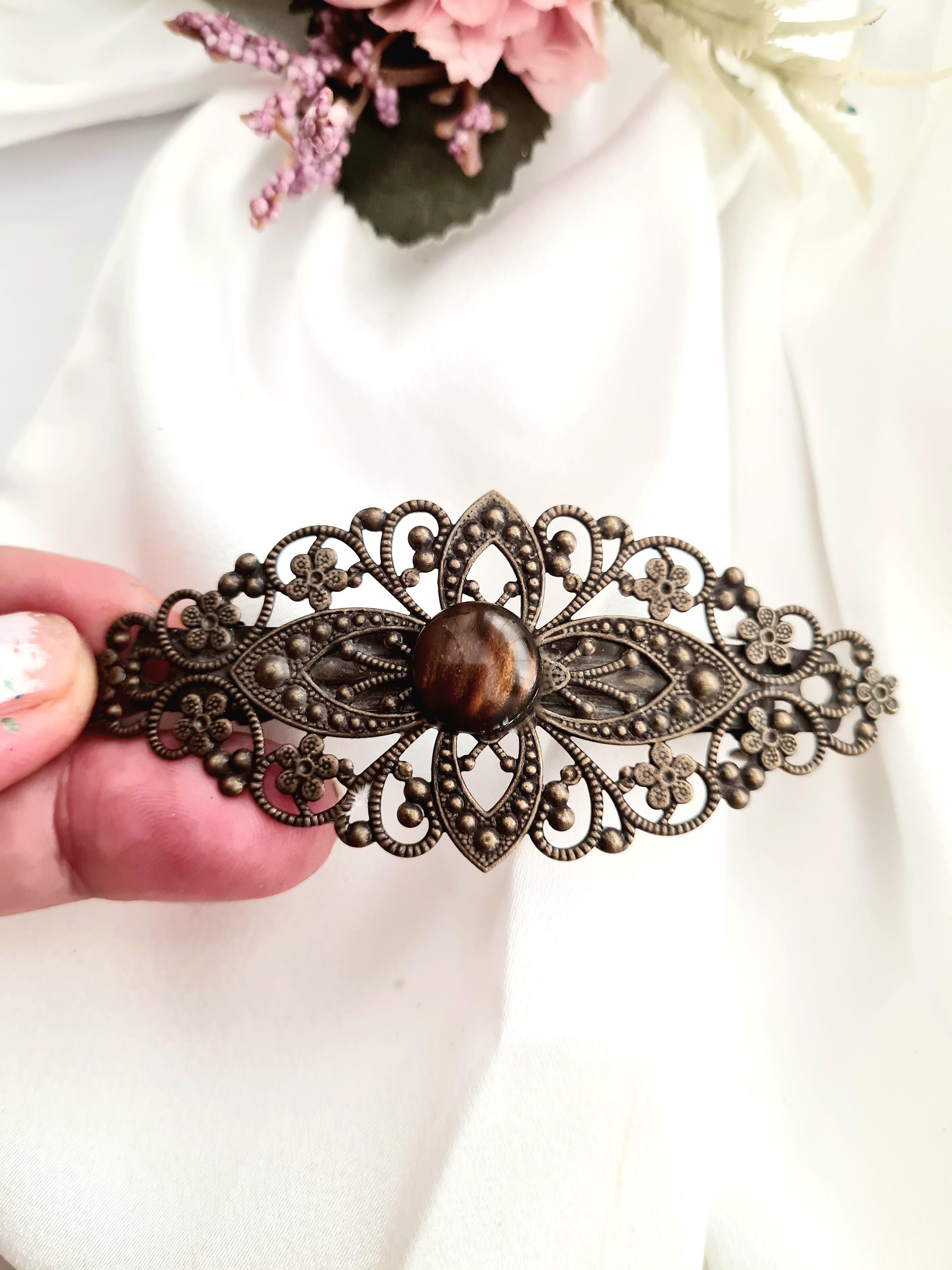 Vintage Inspired Bronze Filigree Barrette With Brown Natural Stone ...