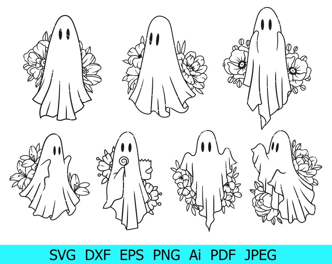 Ghost Svg, Ghost With Flowers Png,halloween Silhouette, Ghost Bundle ...