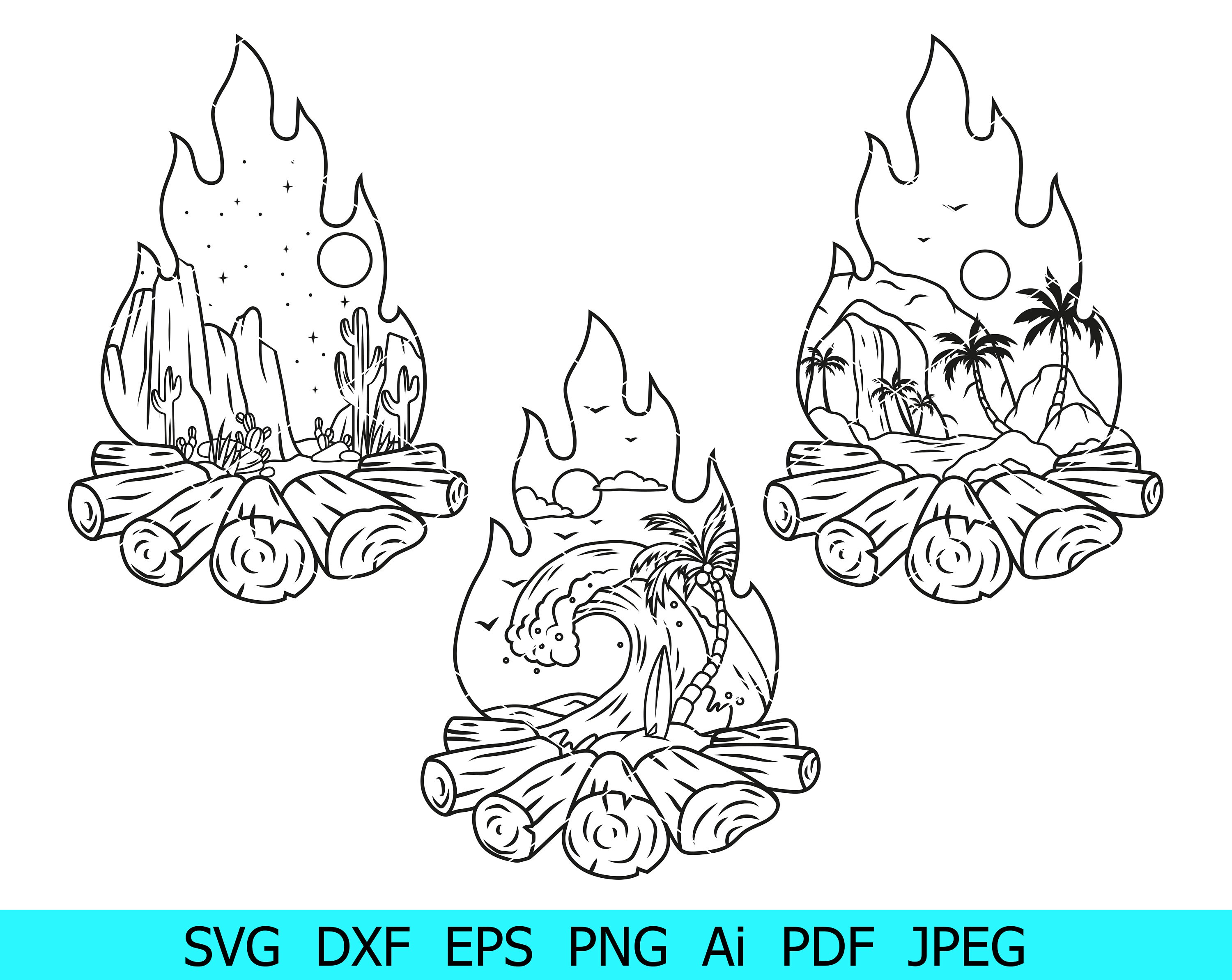 Fire Svg, Campfire Png, Nature Silhouette, Ocean at Sunset Svg, Instant ...