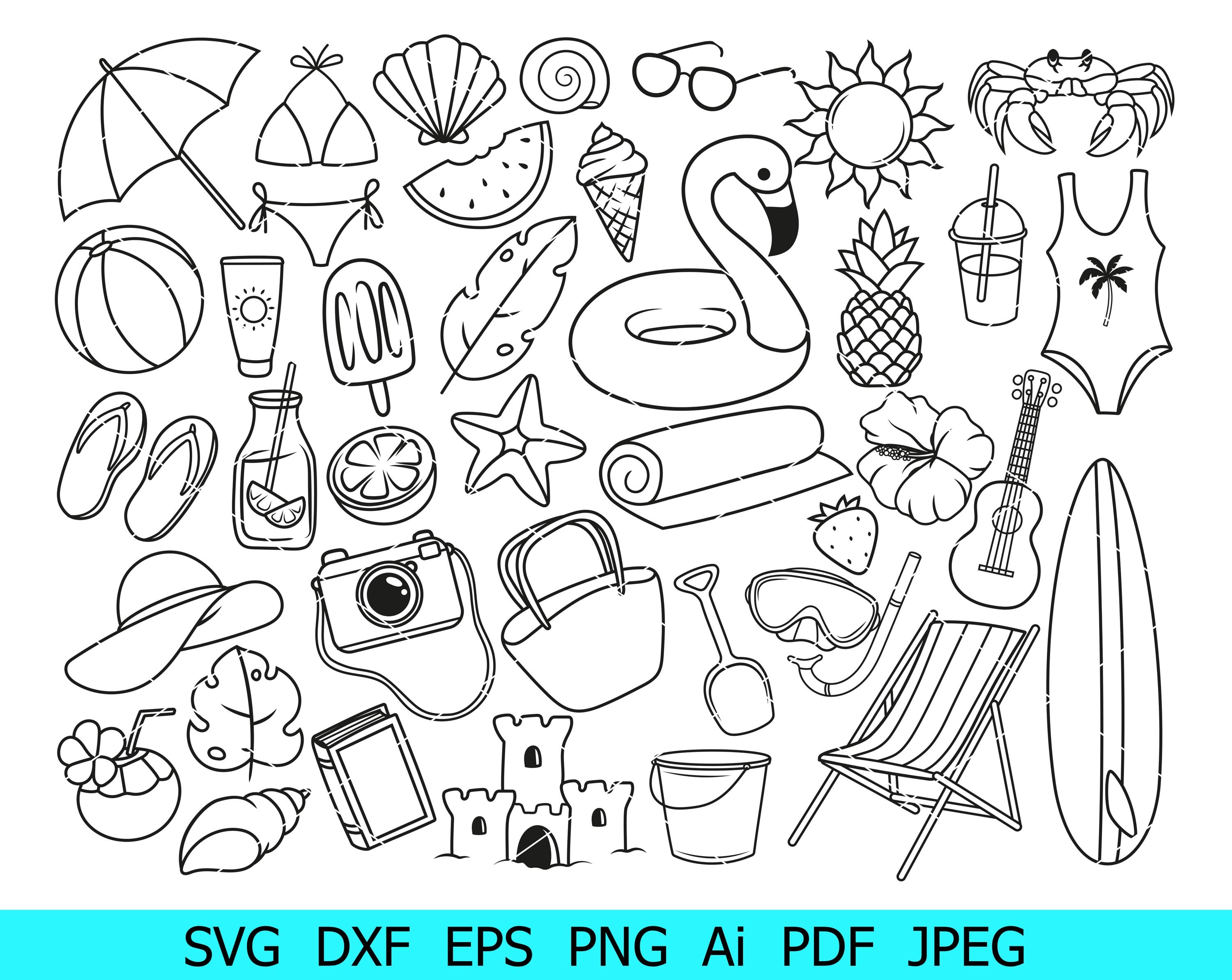 Beach Items Svg, Vacation Clip Art, Beach Svg, Summer Clipart, Ocean ...