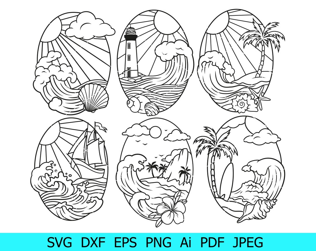 Marine Landscape Svg, Summer Svg, Sunset Beach Png, Lighthouse Ship ...