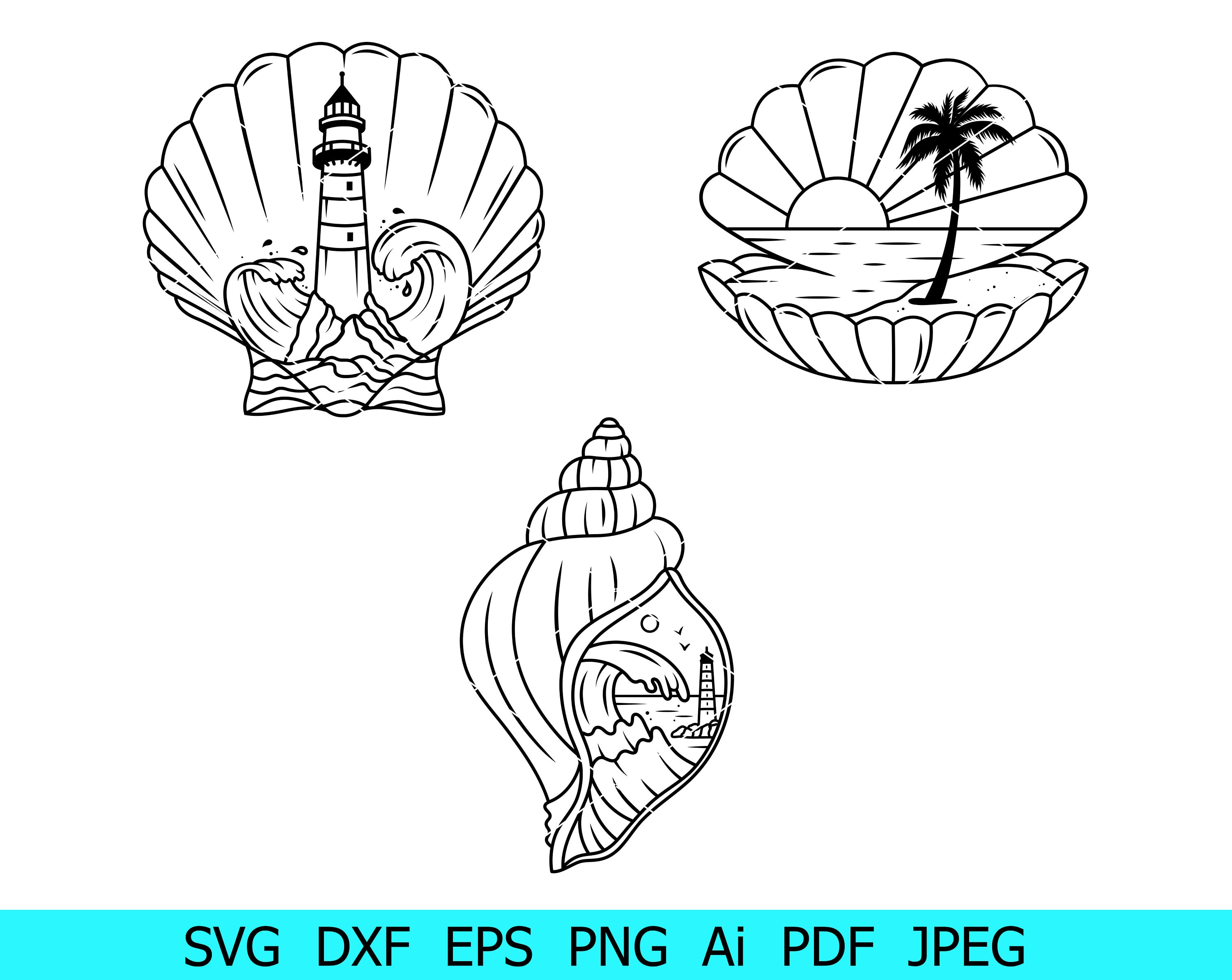 Sea Shells SVG Bundle, Silhouette, Cricut, Ocean Cut File, Lighthouse ...