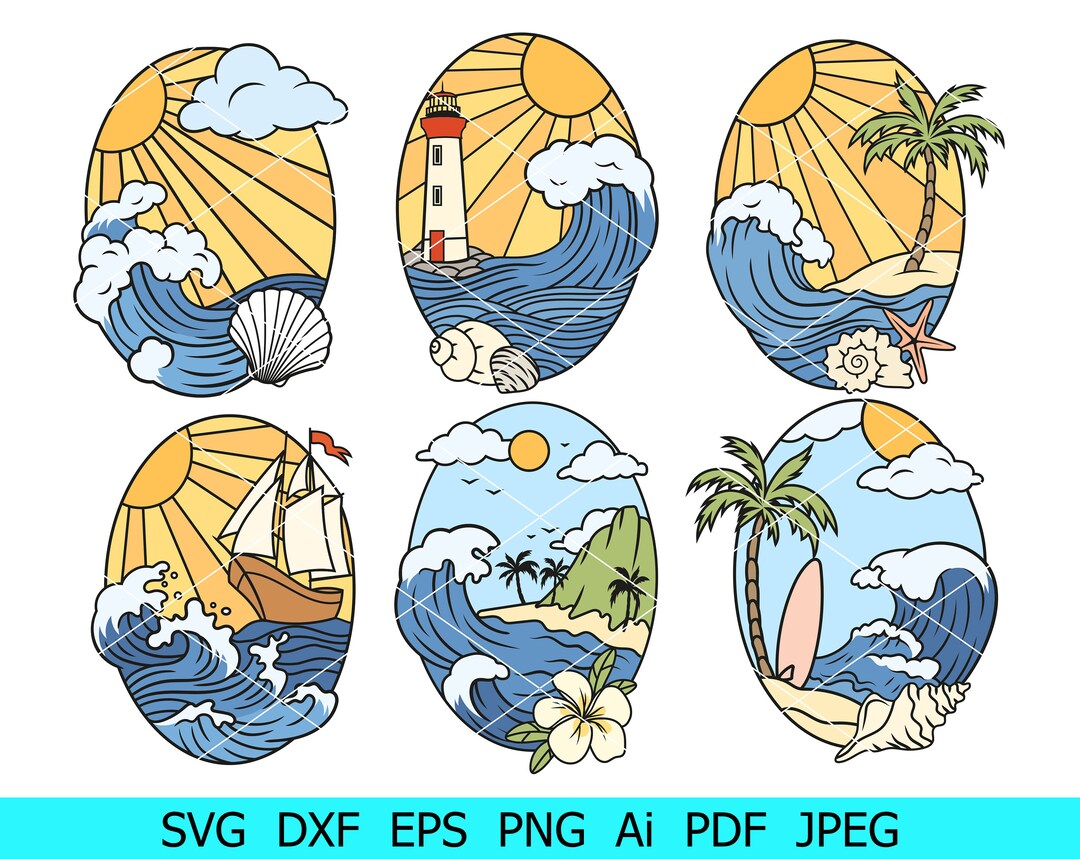 Marine Landscape Svg, Summer Svg, Sunset Beach Png, Lighthouse Ship ...