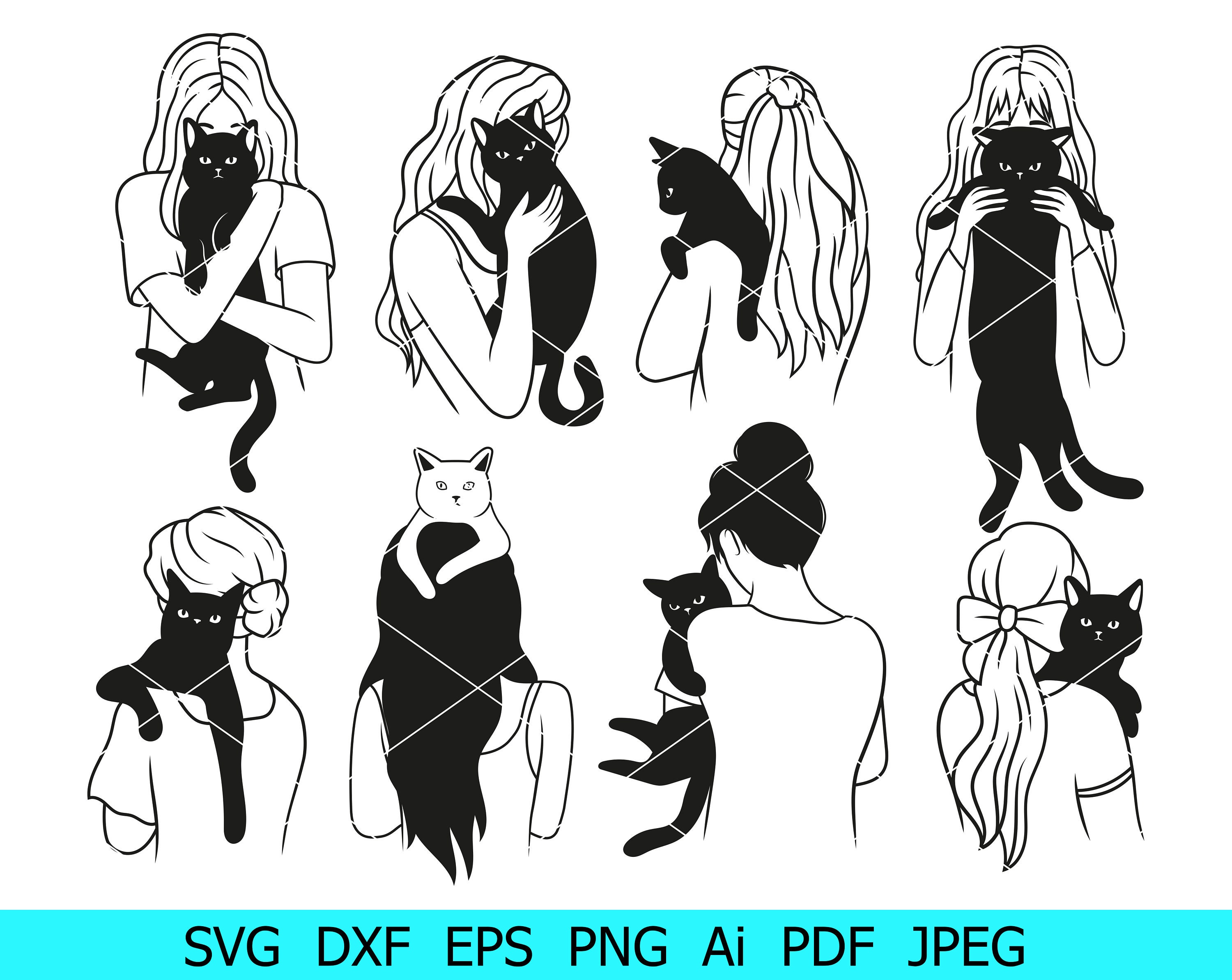 Girl and Black Cat Svg, Cat Svg, Girl Svg, Cat Cutting Files, Cat Lover ...