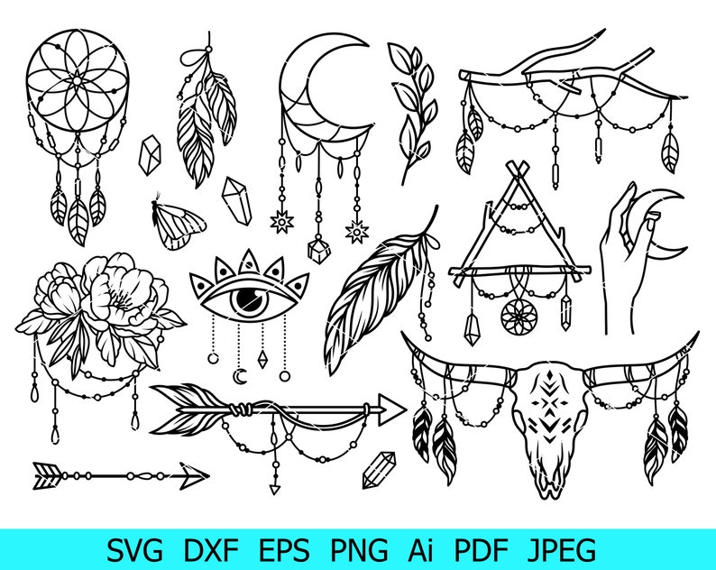 Boho Elements Svg, Boho Svg Bundle, Boho Png Bundle, Boho Silhouette ...