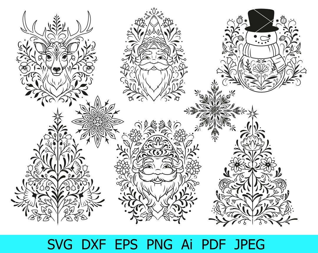 Nordic Floral Style Svg, Reindeer Svg, Santa Claus Png, Snowman ...