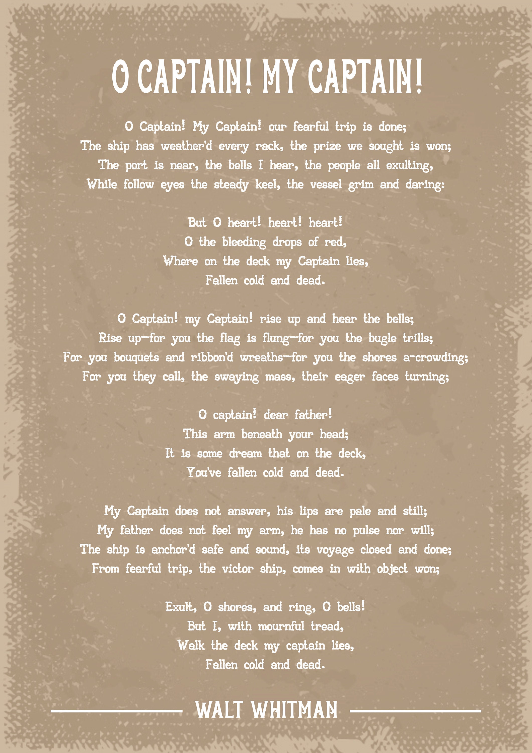 Walt Whitman O Captain My Captain Poem Art Print - Etsy UK