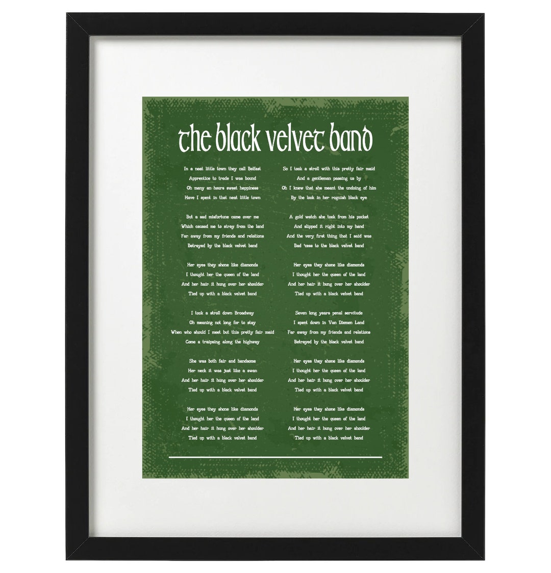 The Black Velvet Band Traditional Irish Song Lyrics Art Print - Etsy