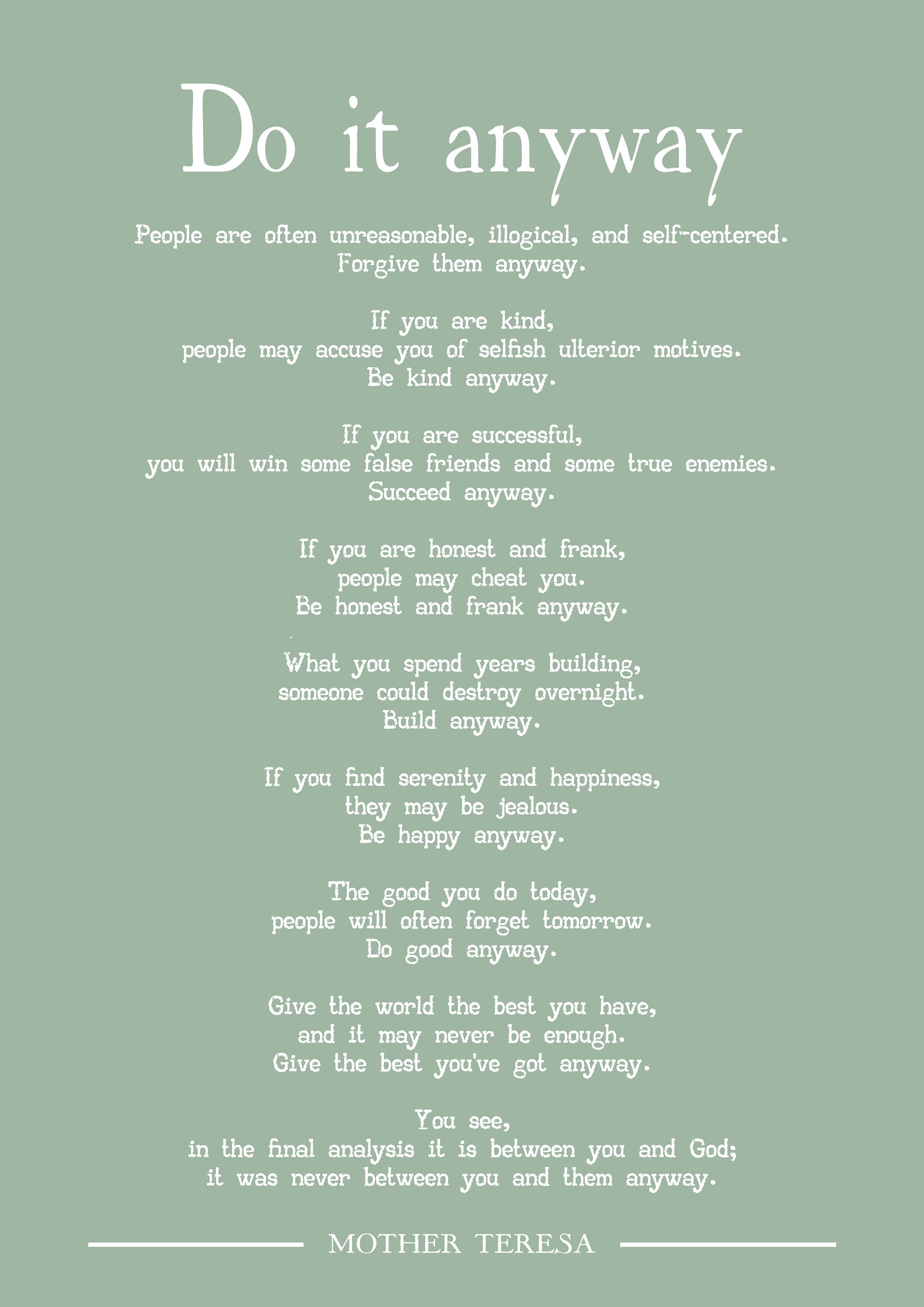 Mother Teresa Do It Anyway Poem Art Print - Etsy