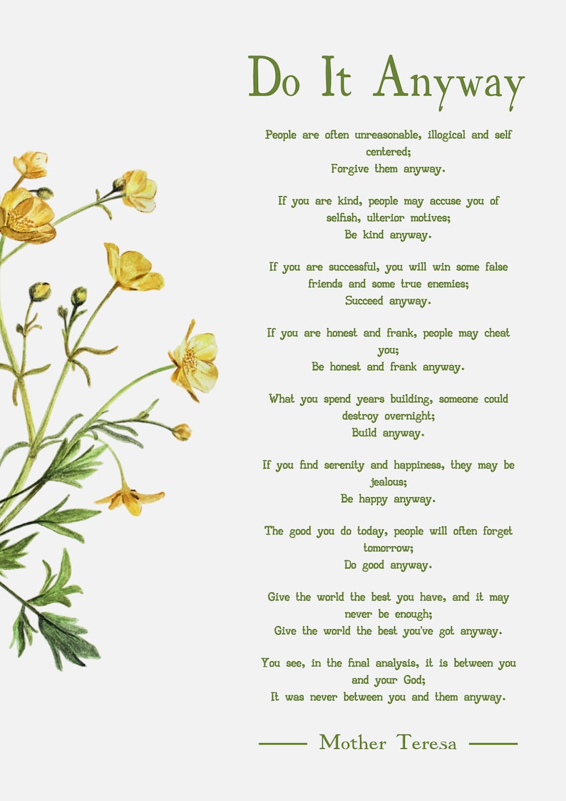 Mother Teresa Do It Anyway Poem Art Print - Etsy