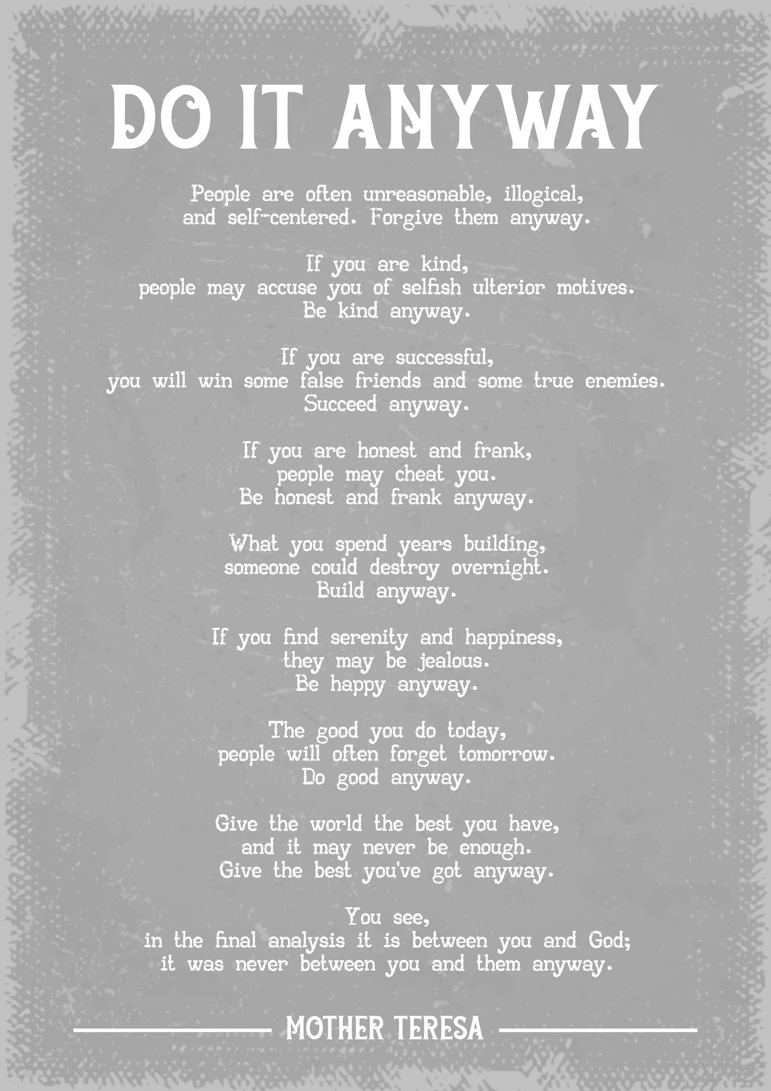Mother Teresa Do It Anyway Poem Art Print - Etsy UK