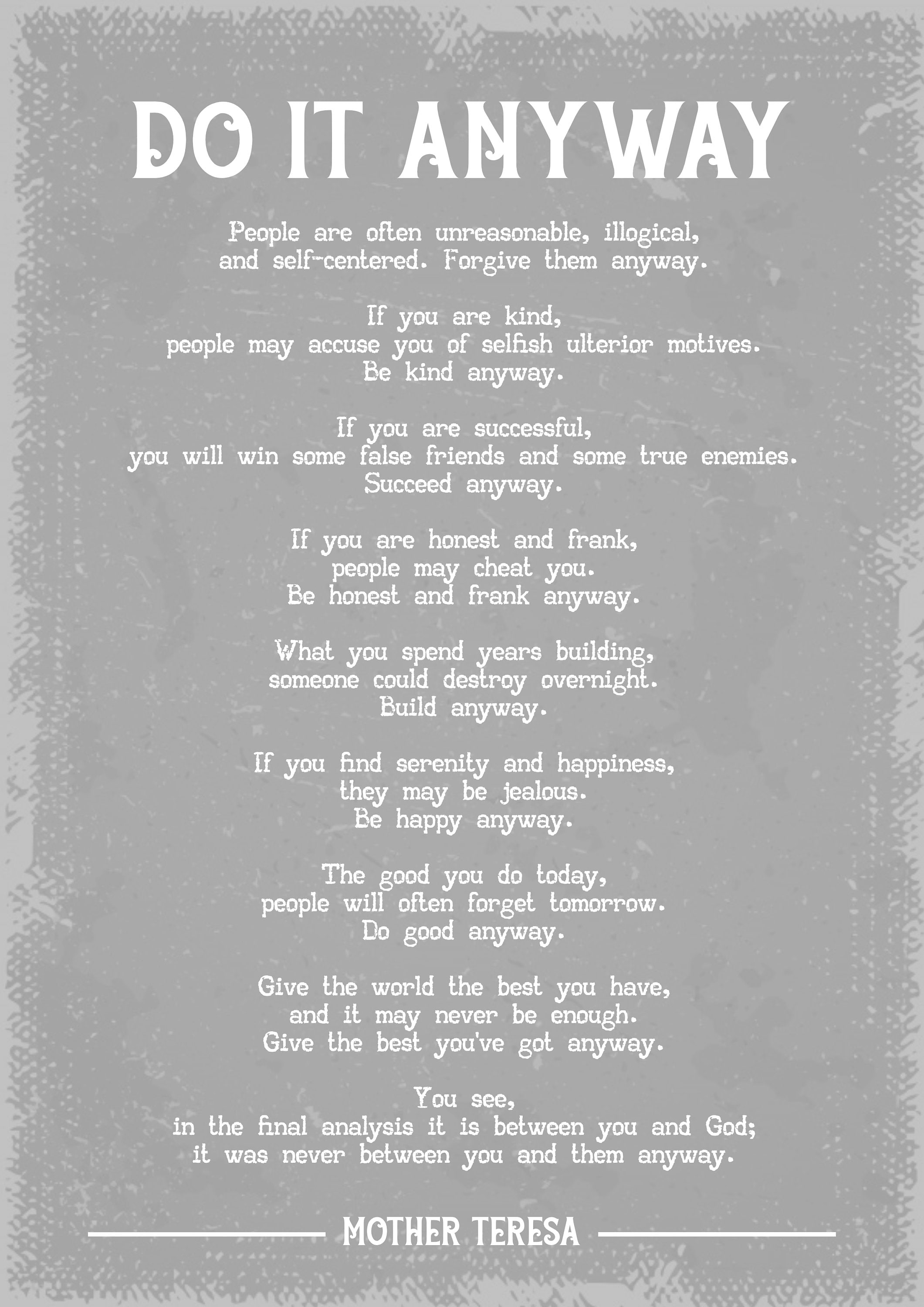 Mother Teresa Do It Anyway Poem Art Print - Etsy UK