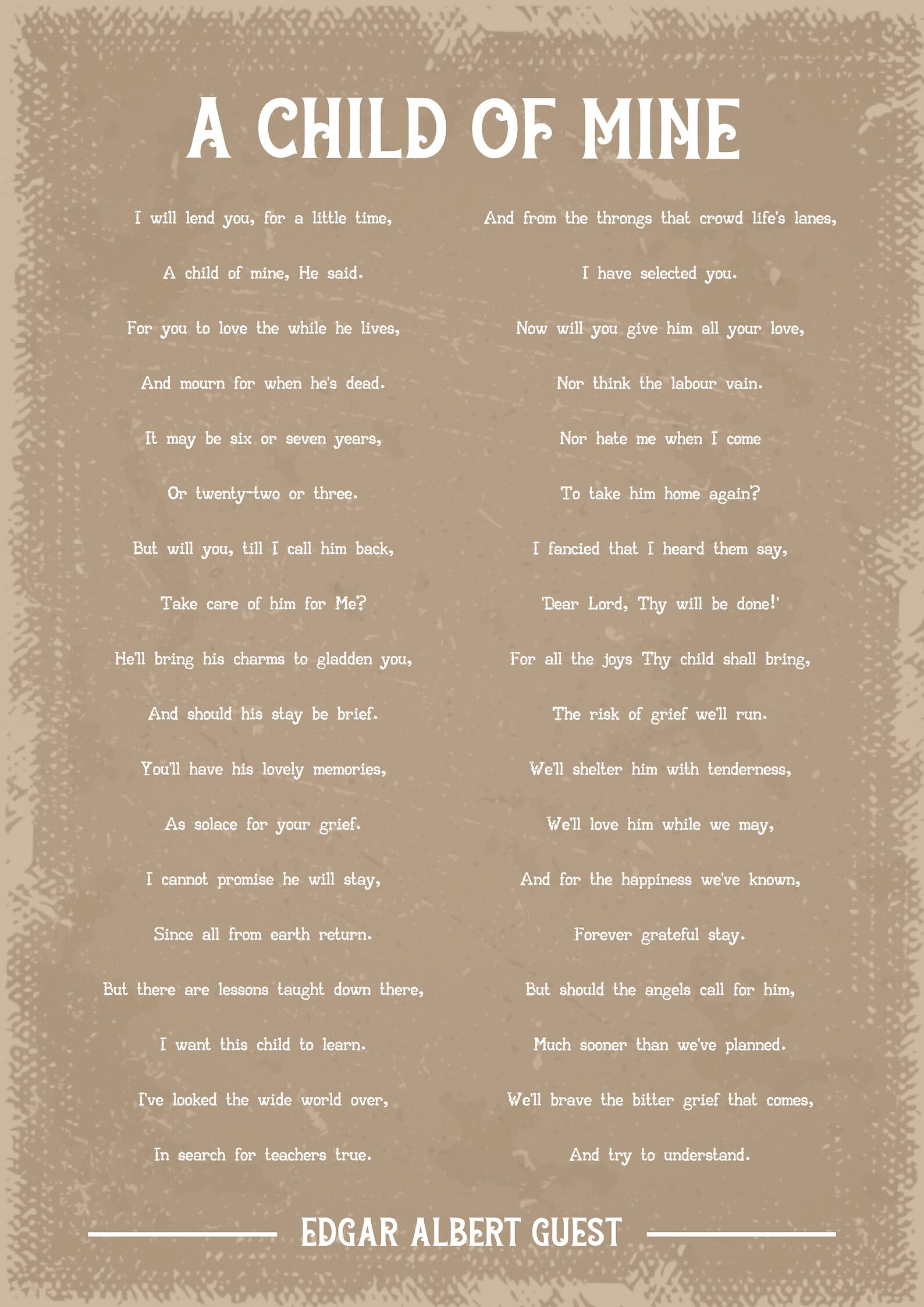 Edgar Albert Guest A Child of Mine Poem Art Print - Etsy UK
