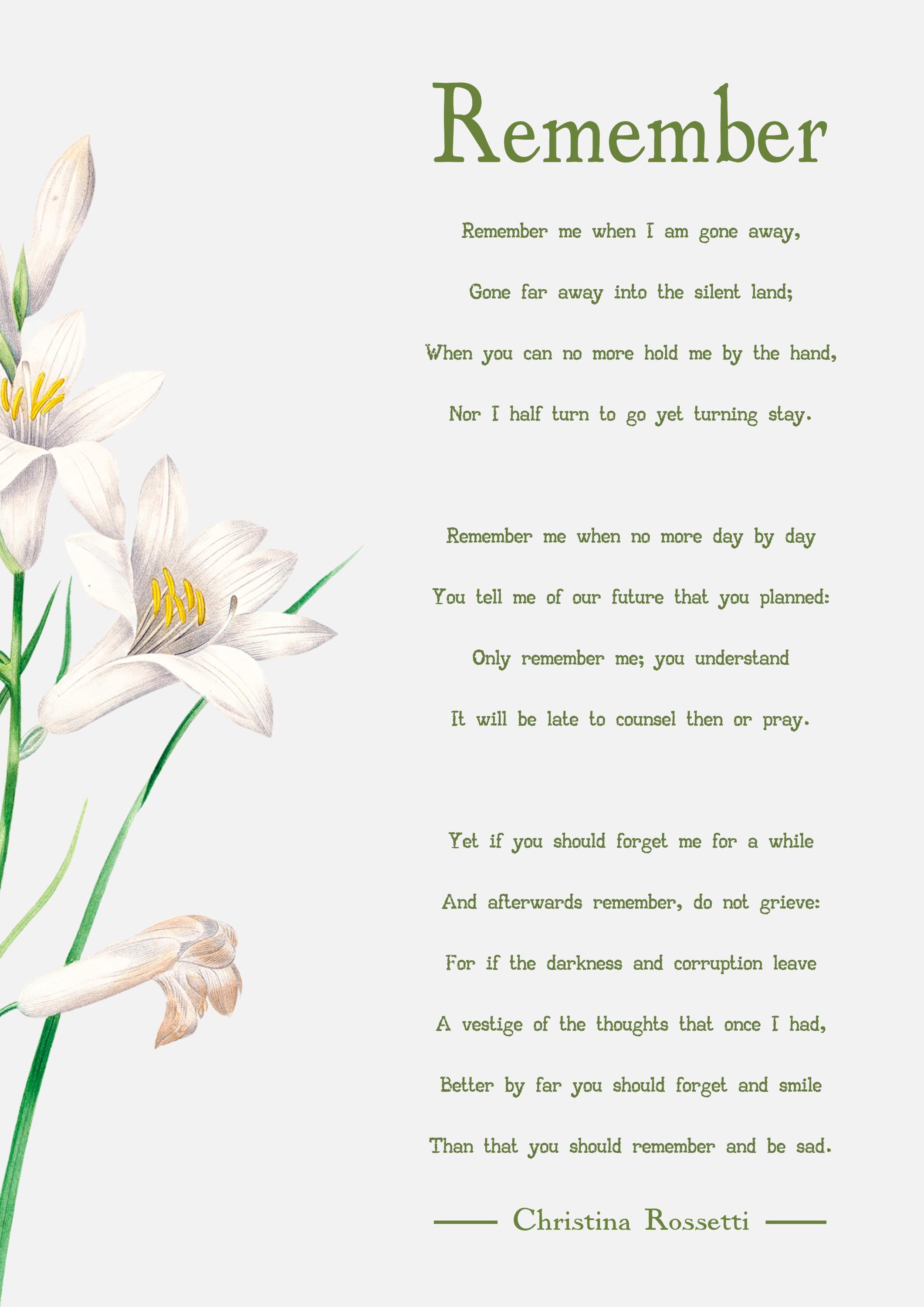 Christina Rossetti Remember Bereavement Poem Art Print - Etsy