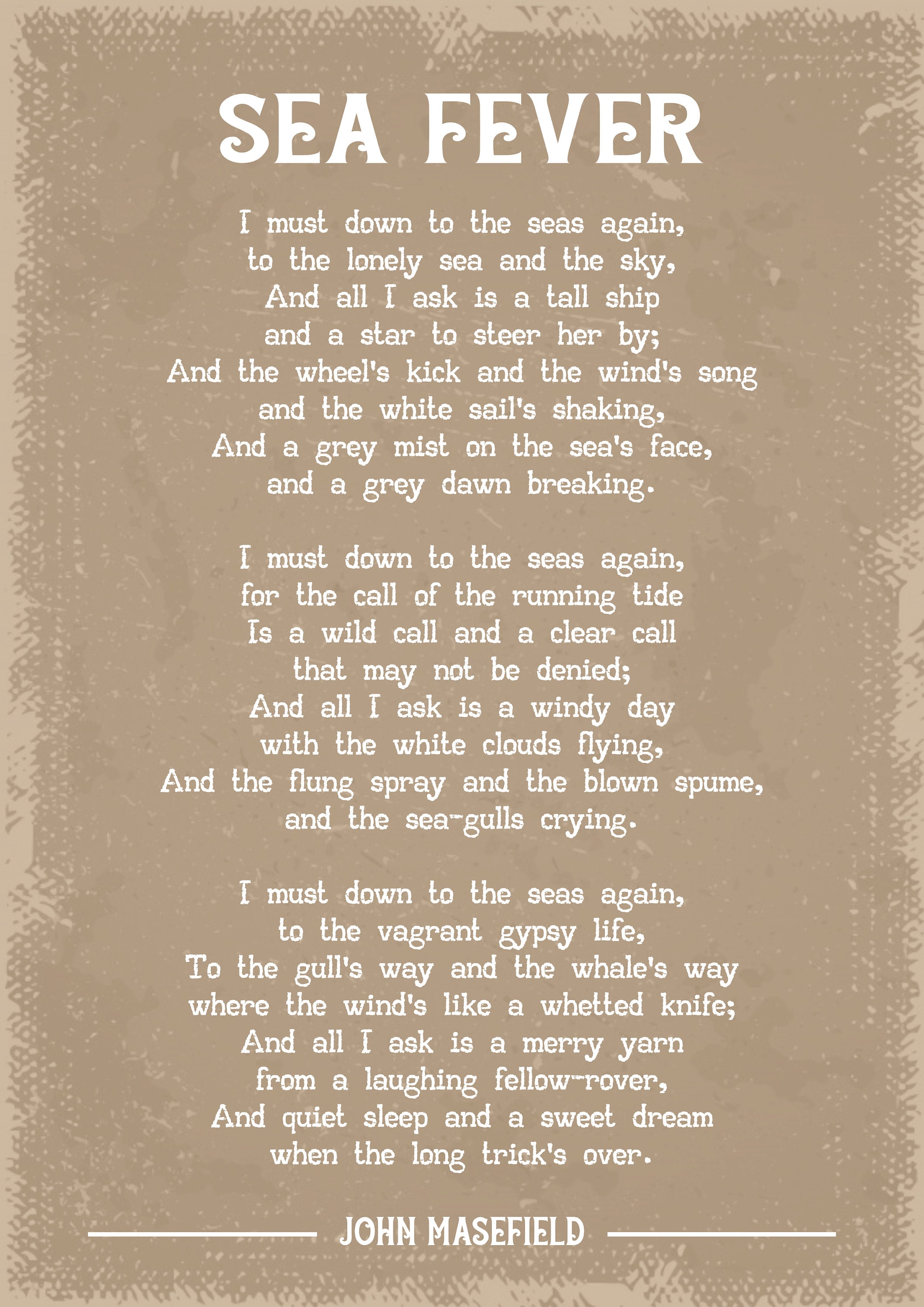 John Masefield Sea Fever Poem Art Print - Etsy UK