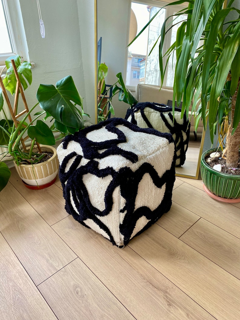 Black & Beige Gothic Abstract 3D Tufted Ottoman Pouf Tufted Ottoman ...