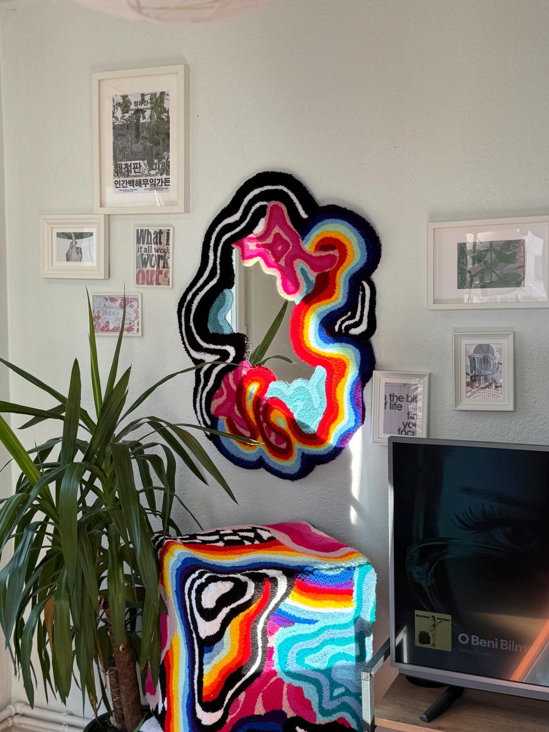 Chaotic Psychedelic Rainbow Drip Tufted Wall Mirror – Handmade Colorful ...
