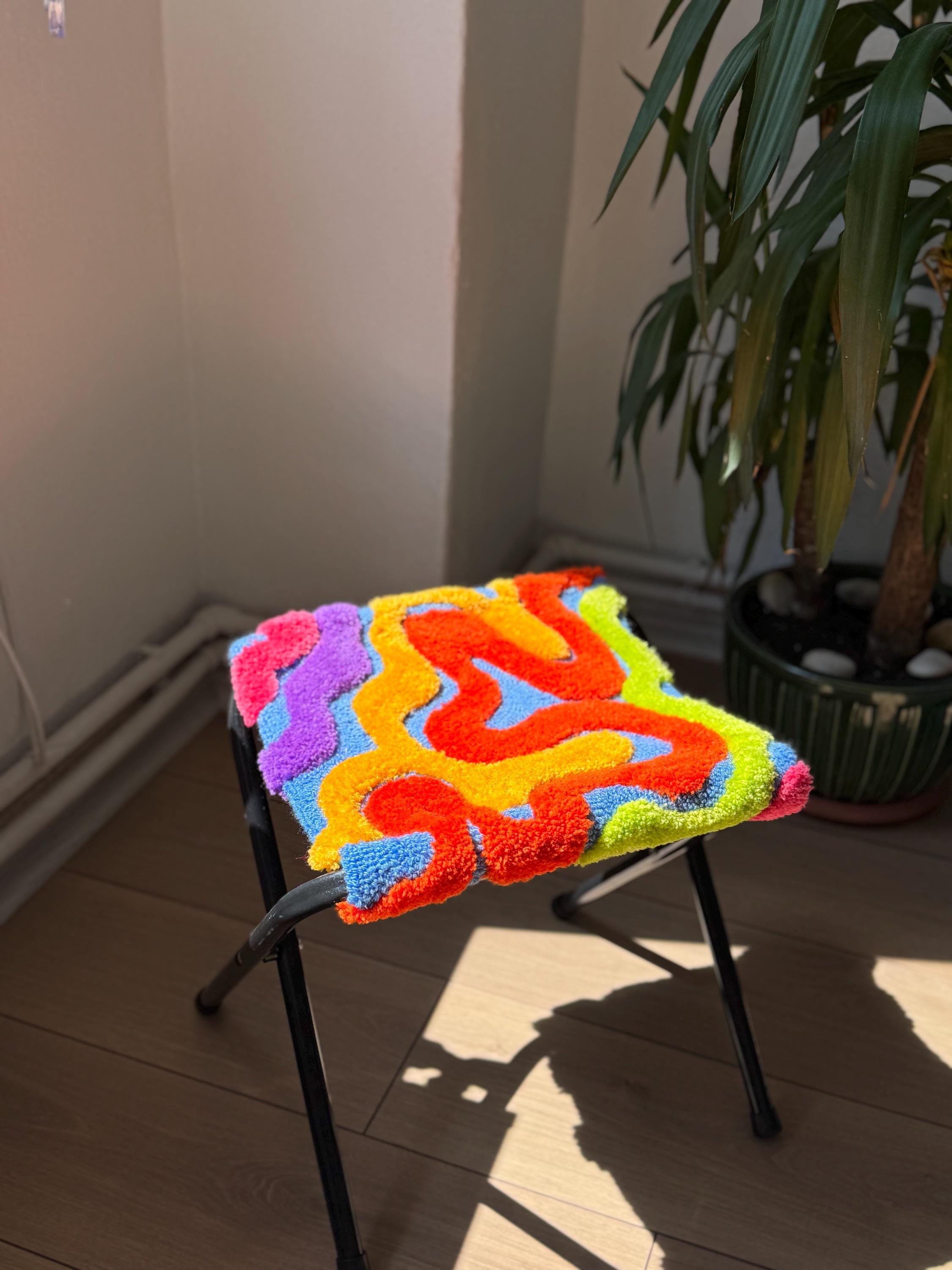 Wavy Colorful Tufted Stool – Handmade 3D Fluffy Furniture – Funky Soft ...