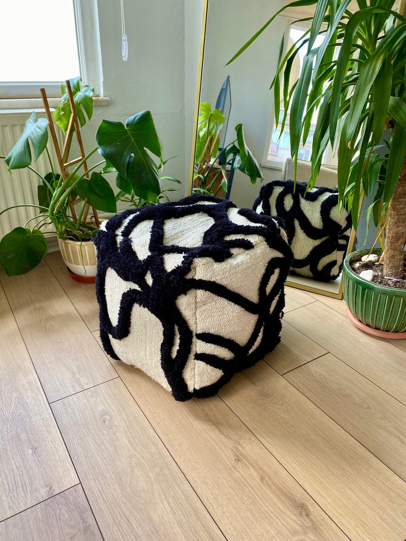Black & Beige Gothic Abstract 3D Tufted Ottoman Pouf Tufted Ottoman ...