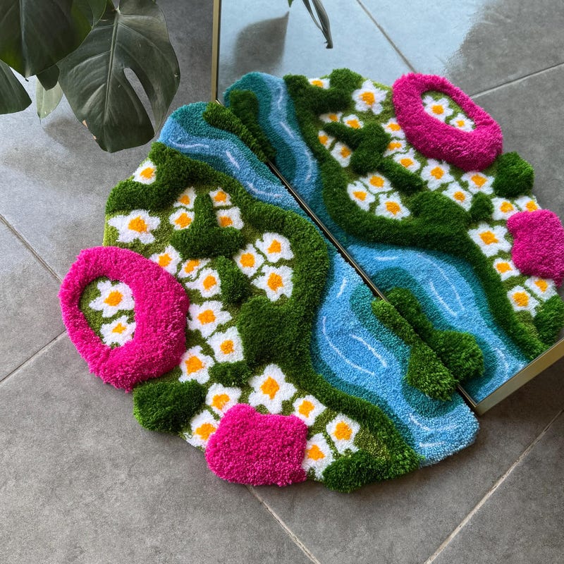 Pink and Green Daisy Rug - Etsy