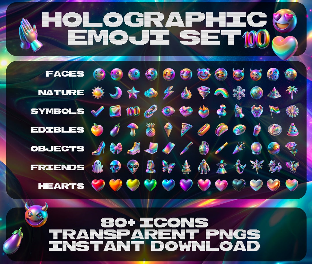 Holographic Emoji Set 84 Icons for Holo Vibes Transparent .png Files ...