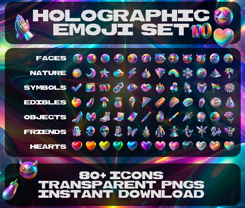 Holographic Emoji Set - 84 Icons for Holo Vibes - Transparent .png ...