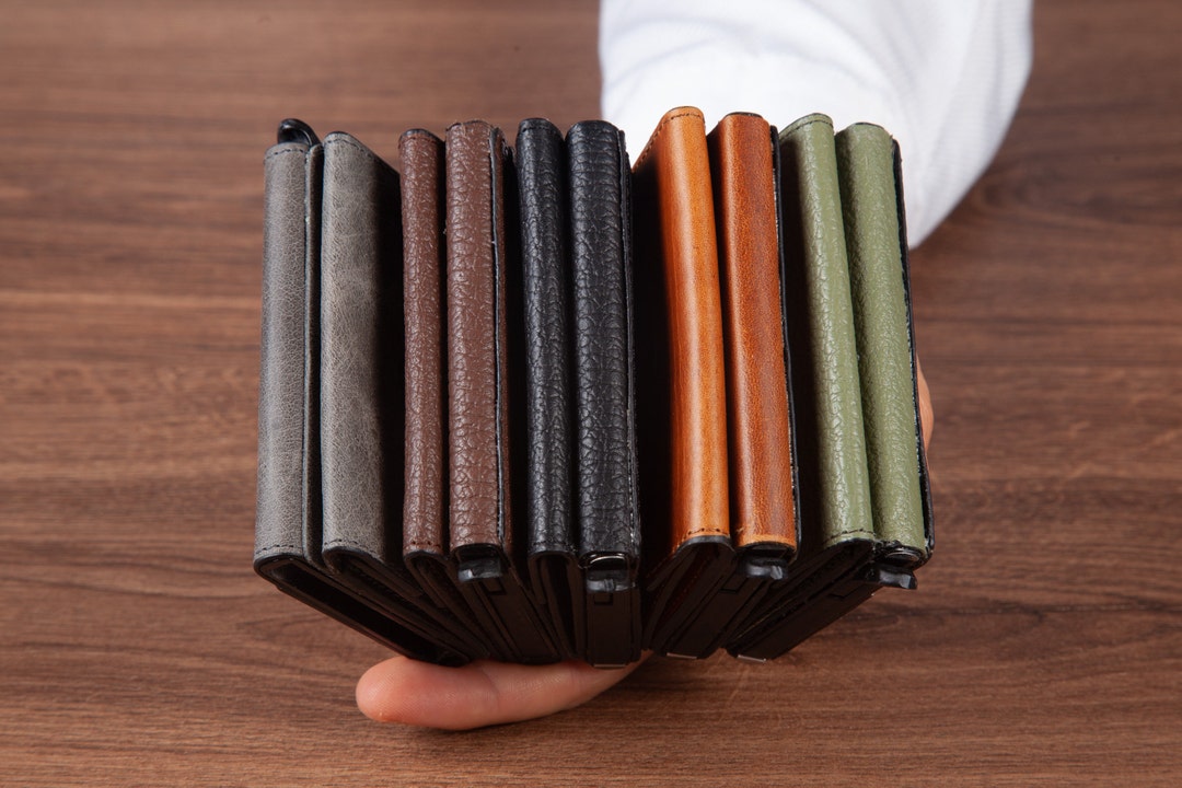 Leather Pop-up Mechanic Card Holder for Men, Minimal ID Wallet With ...