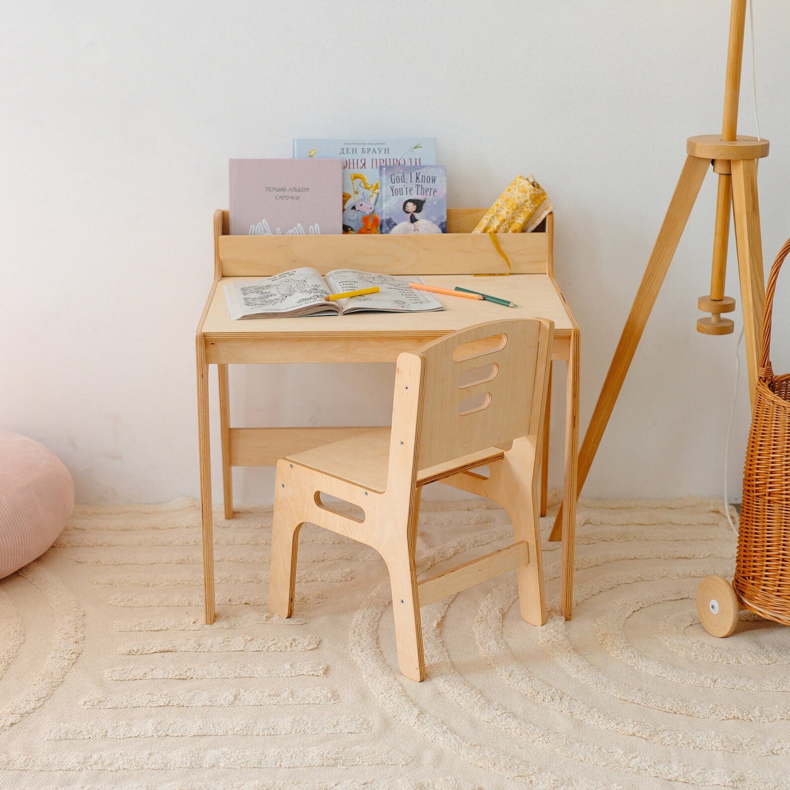 Kids Study Desk Set With Bookshelf and Chair - Preschool Learning Table ...