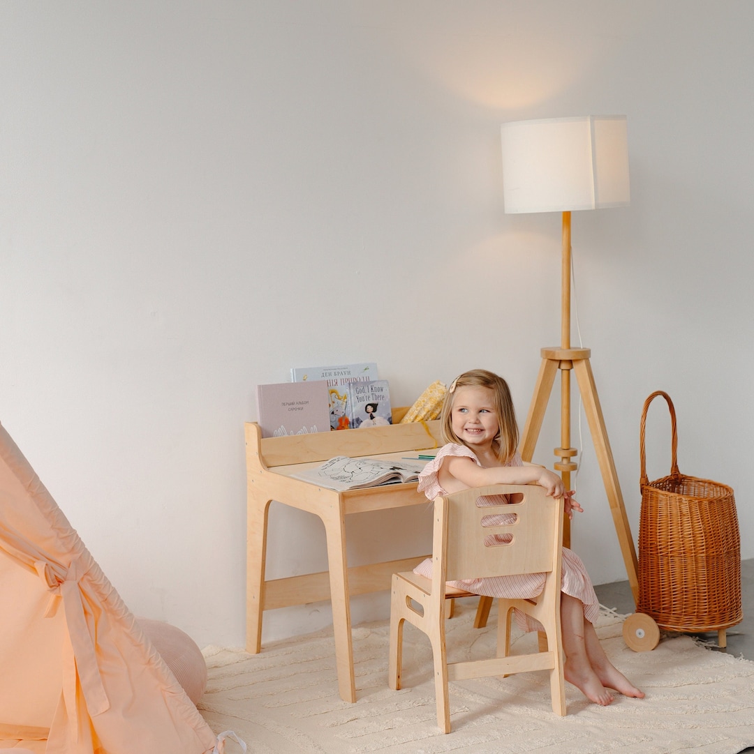 Kids Study Desk Set With Bookshelf and Chair - Preschool Learning Table ...