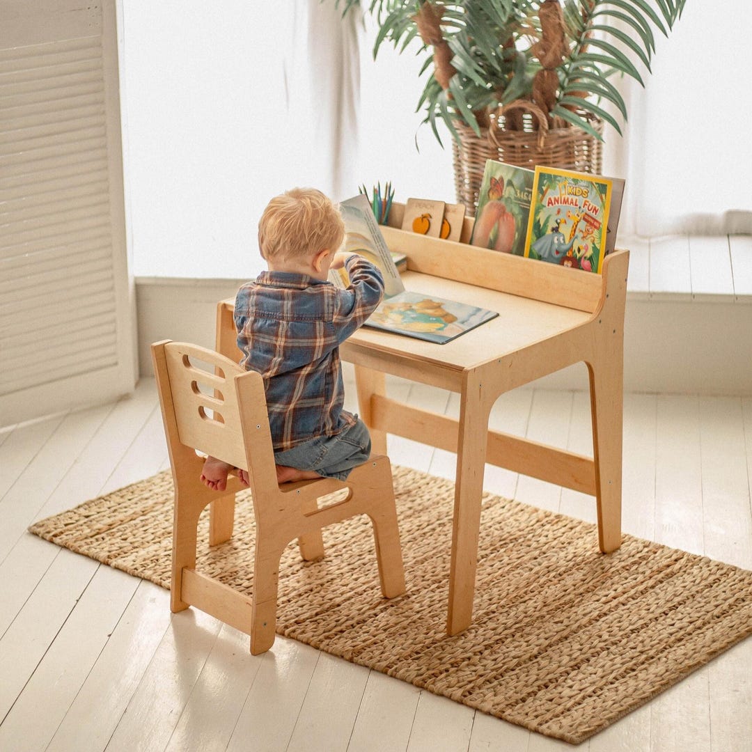 Montessori Preschool Learning Table & Chair Set + Bookshelf – Wooden ...