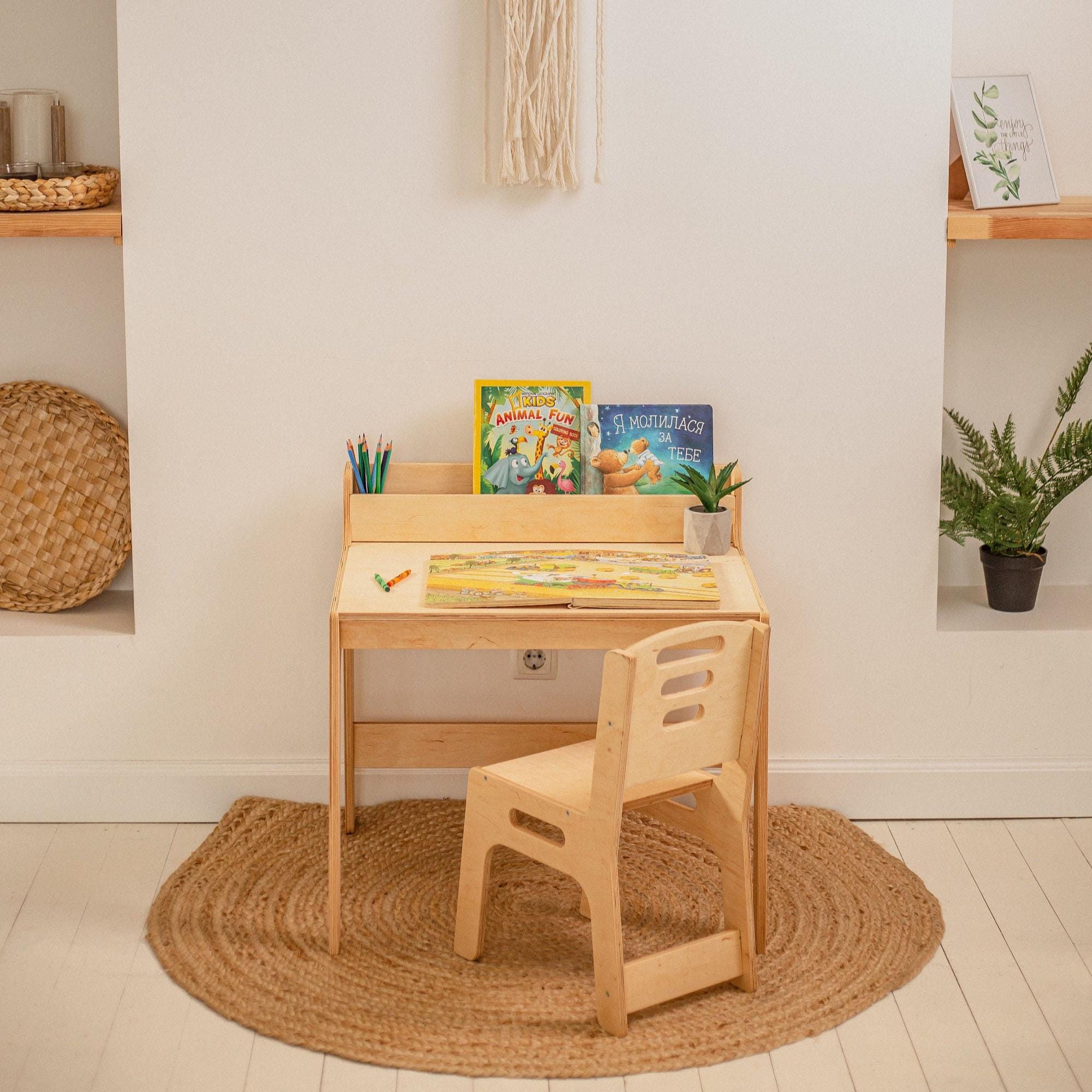 Montessori Preschool Learning Table & Chair Set + Bookshelf – Wooden ...