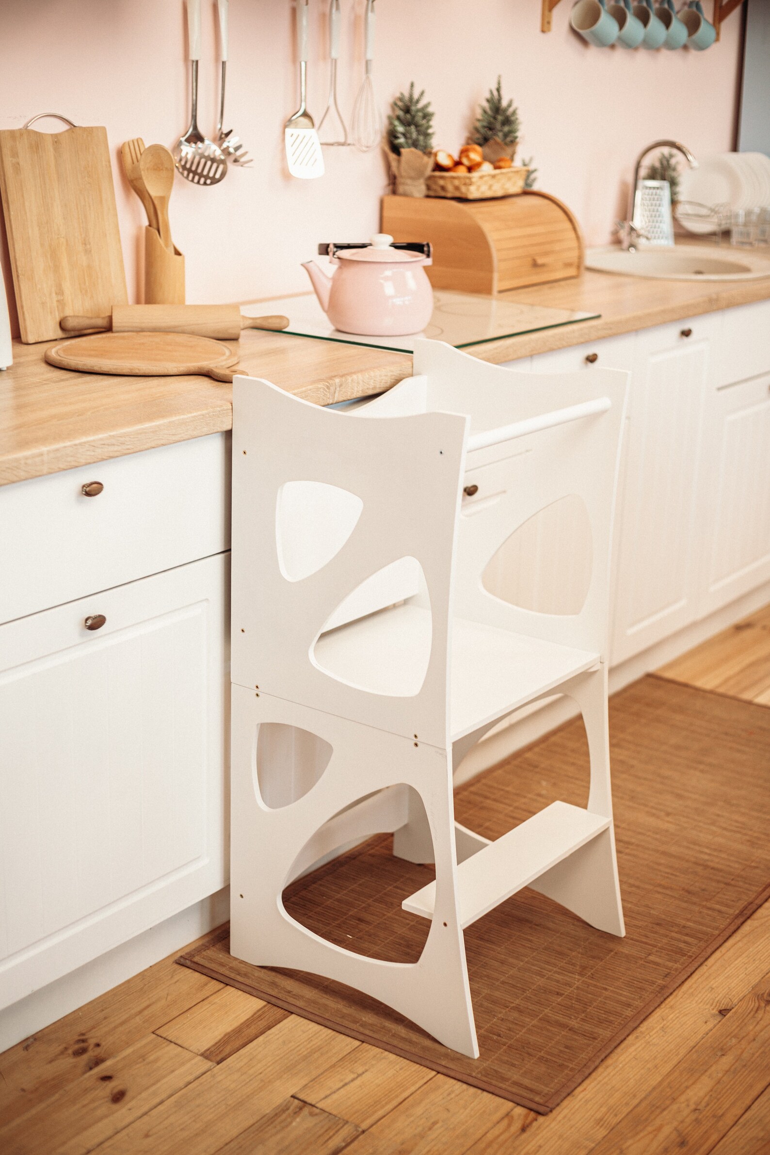 White Montessori Helper Tower Table & Chair, Kitchen Step Stool ...