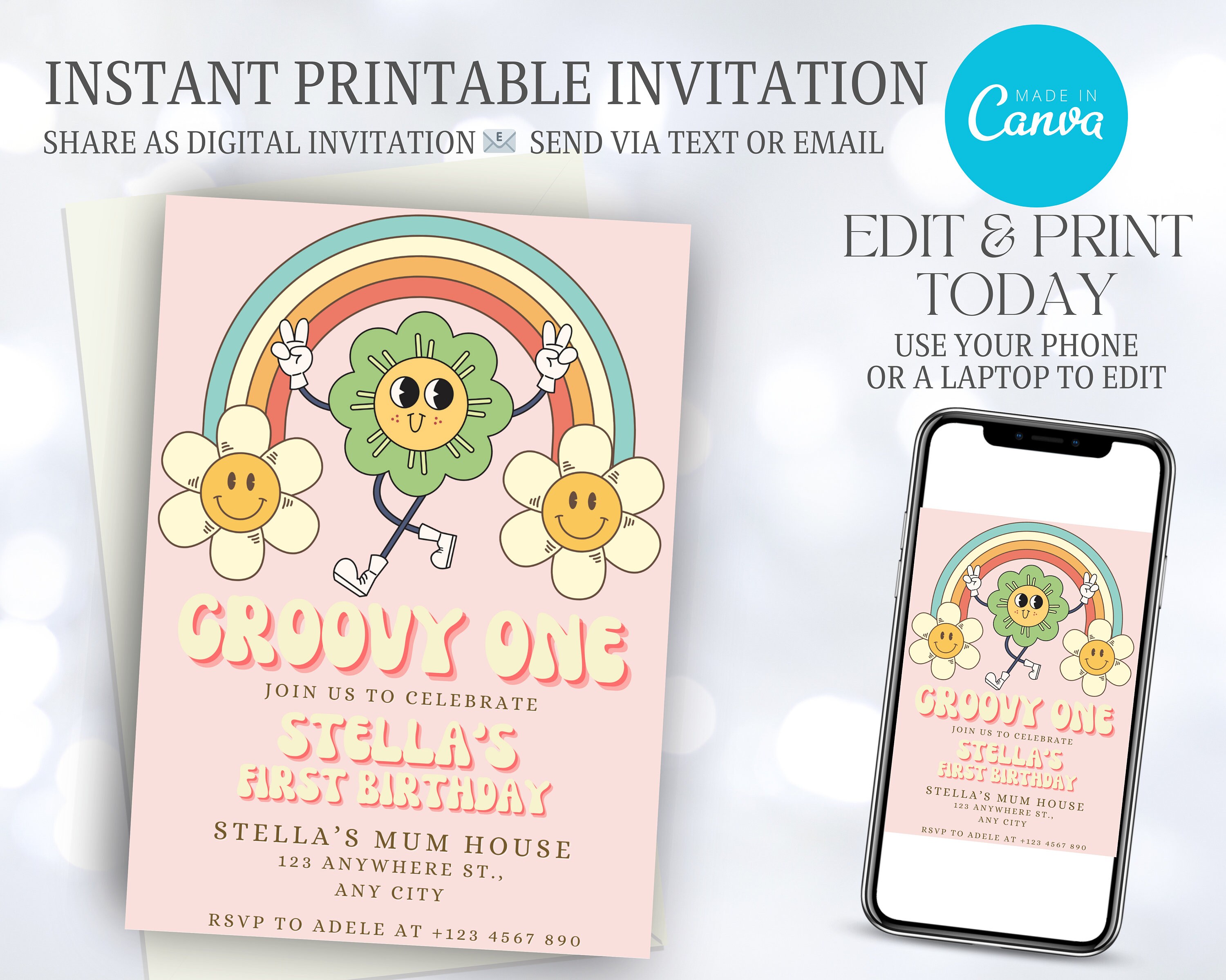 Groovy One Birthday Invitation Template, Groovy 1st Birthday Hippie ...