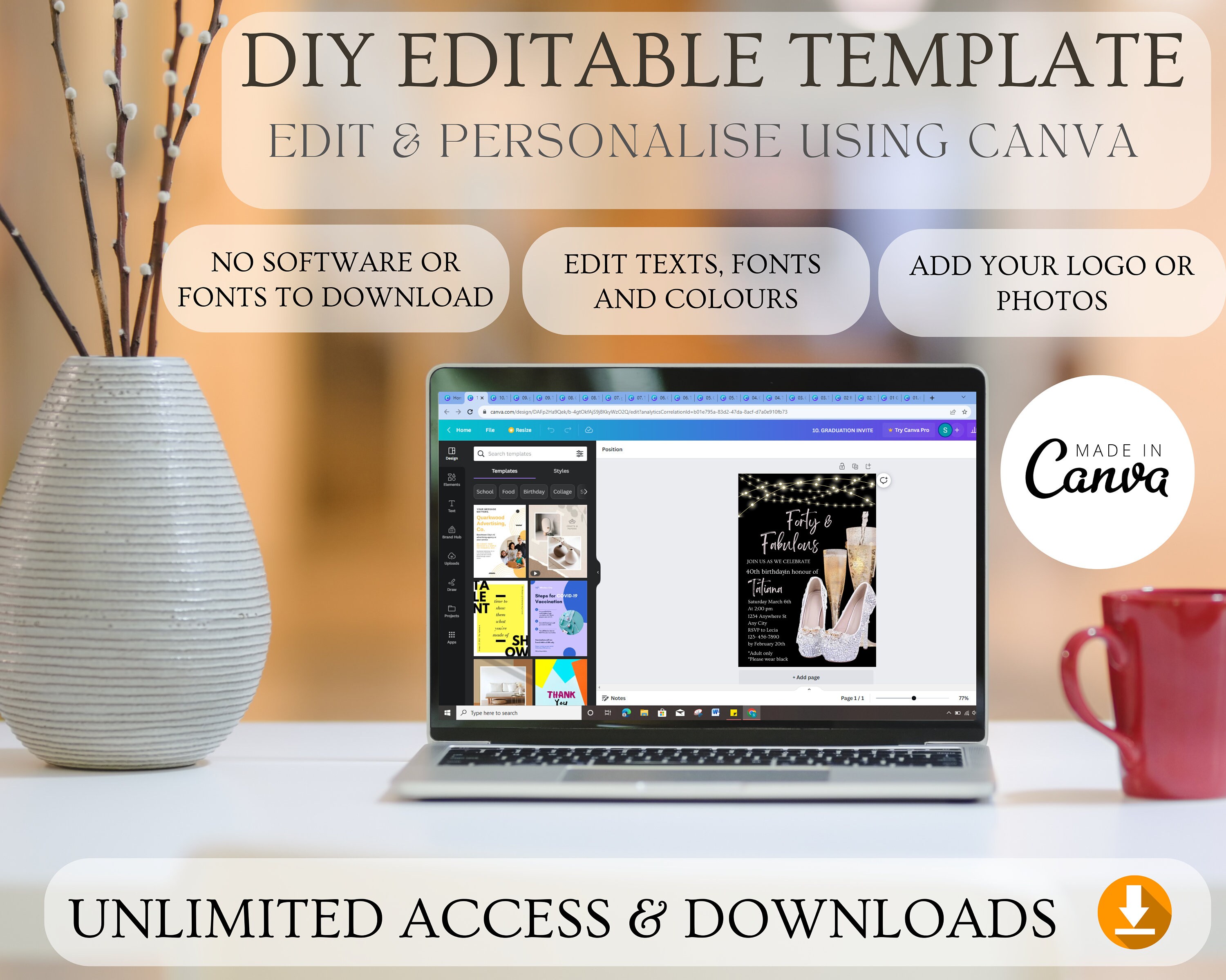 Editable 40th Birthday Party Invitation Women, Black and Gold Birthday ...