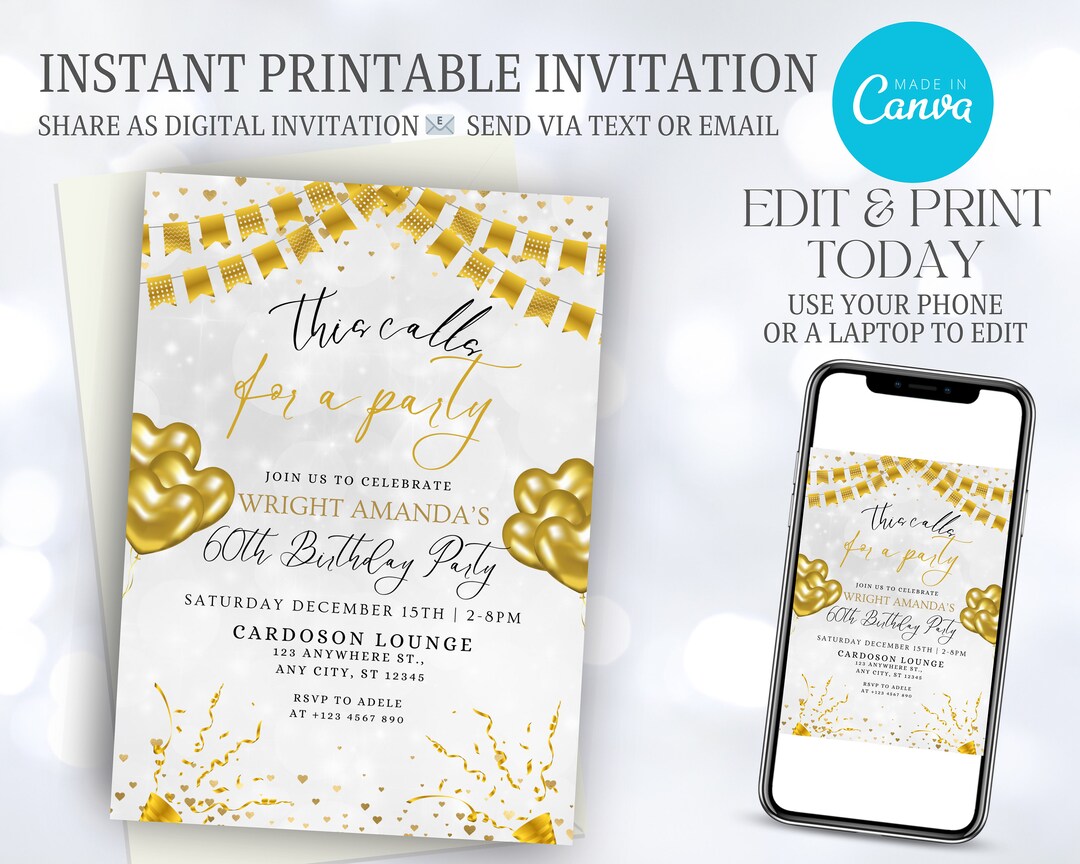 60th Birthday Party Invitation, 60th Invite Template, Adult Digital ...