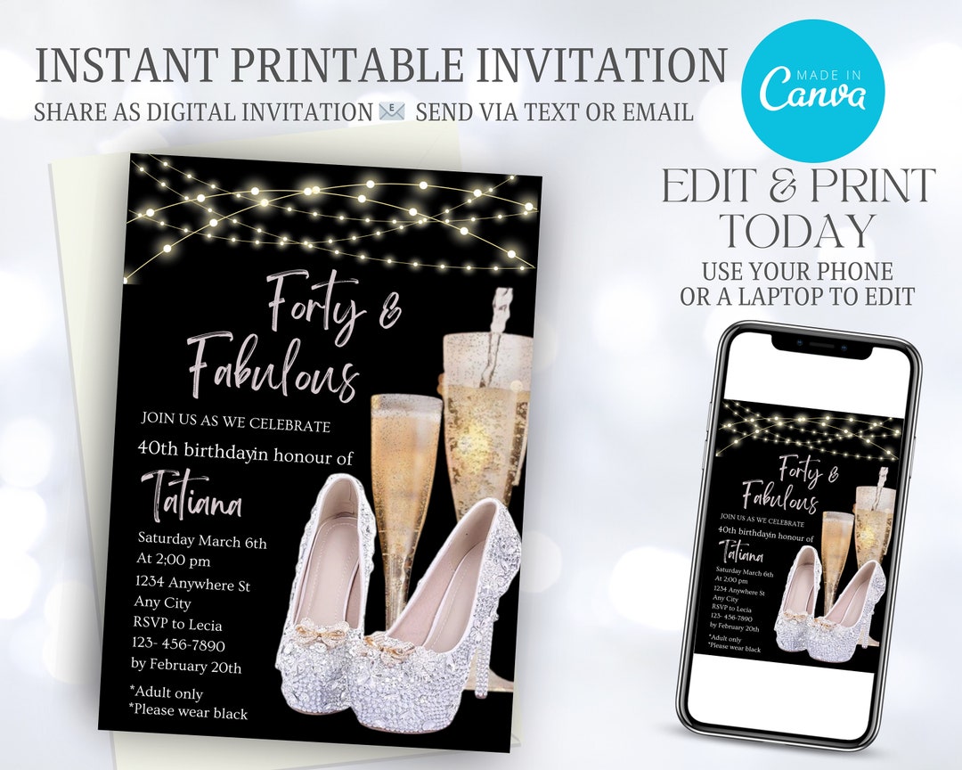 Editable 40th Birthday Party Invitation Women, Black and Gold Birthday ...