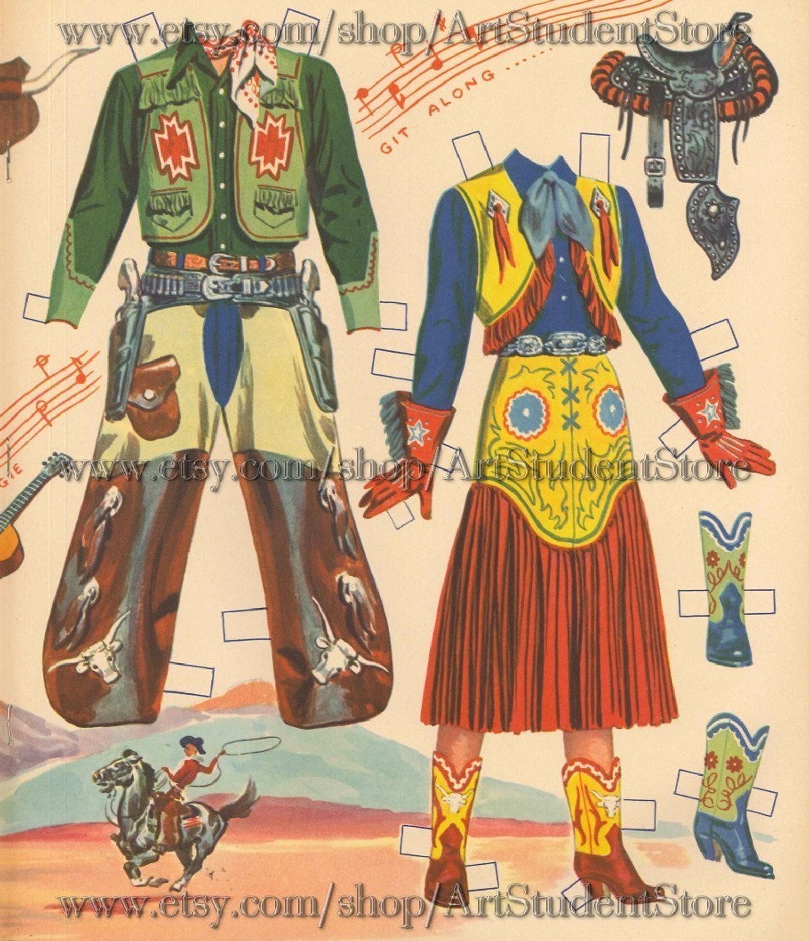 Pdf Printable Digital Vintage Paper Cowboy and Cowgirl 1955 - Etsy