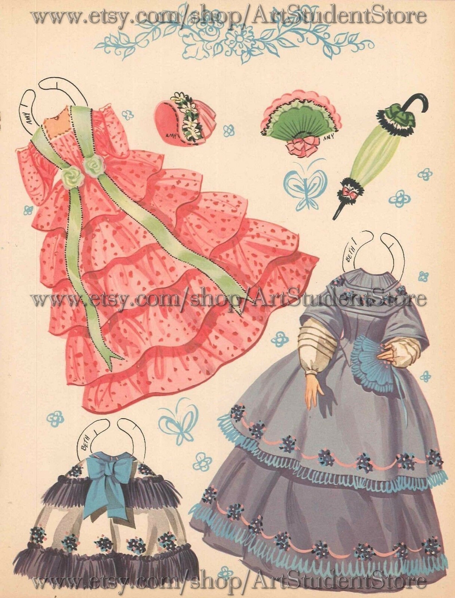 Pdf Printable Digital, Vintage Paper Dolls Little Women With Parasols ...