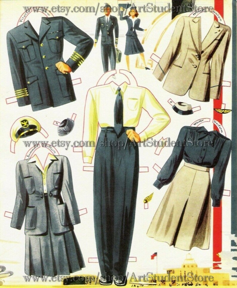 Digital Paper Dolls Download Pdfretro Airliner Pilot and - Etsy