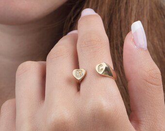 Double Heart Initial Ring - Etsy