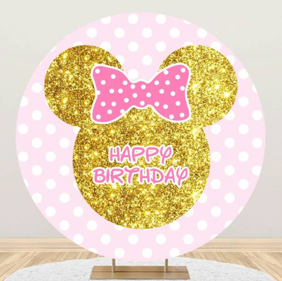 Gold Minnie Head Pink Round Photography Backdrop Cartoon Party Backdrop ...