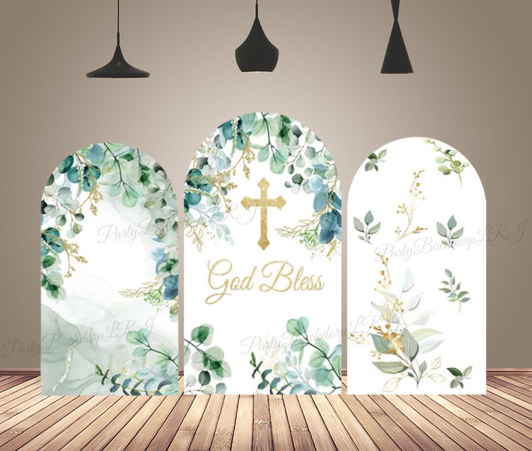 Green Leaves God Bless Cross Arch Backdrop Cover: Baby Shower Birthday ...