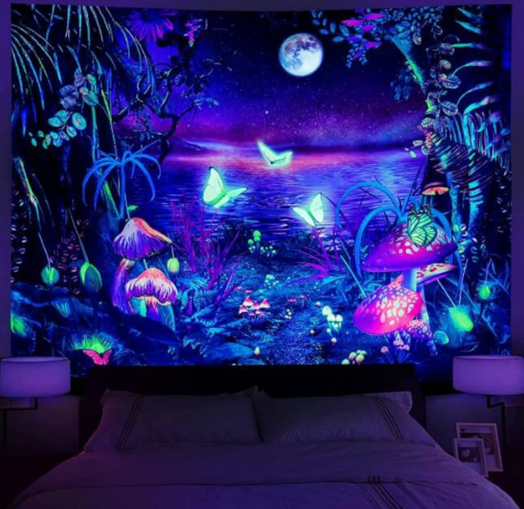 Blacklight Butterfly River Tapestry UV Reactive Forest Mushroom ...