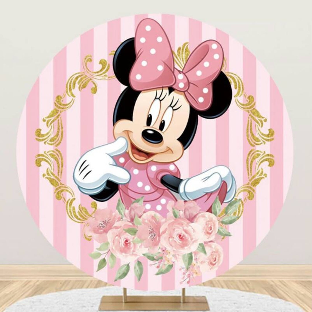 Fondo de fotografía redondo de Minnie rosa, fondo de fiesta de dibujos ...