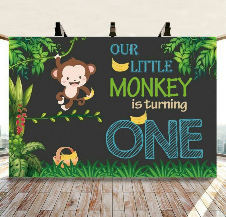 Jungle 1st Birthday Backdrop: Monkey Photo Booth Banner - Etsy