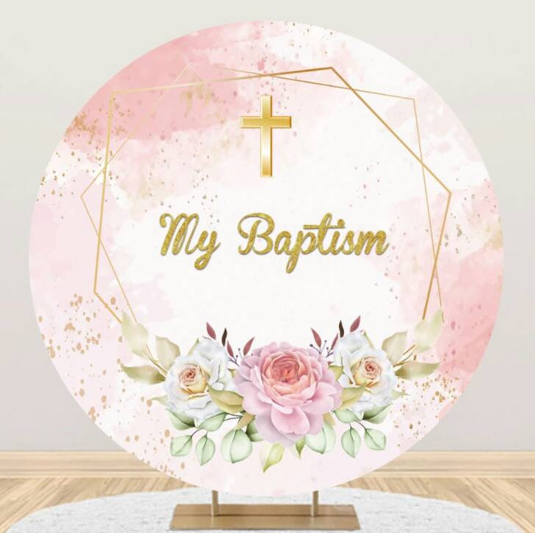 Flowers Round Cross Pink Backdrop Cover My Baptism Photography Backdrop ...
