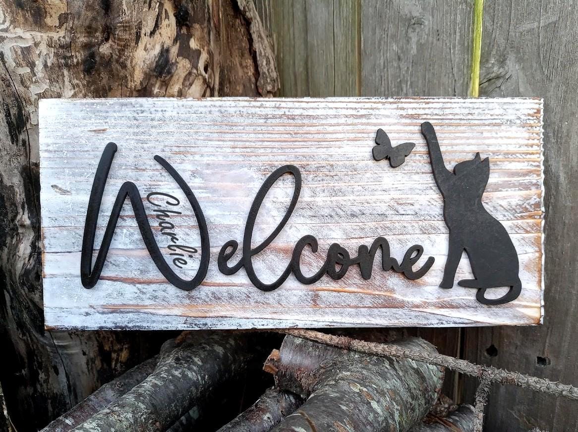 Personalized Cat Welcome Sign. 3D Wooden Wall Decor - Etsy