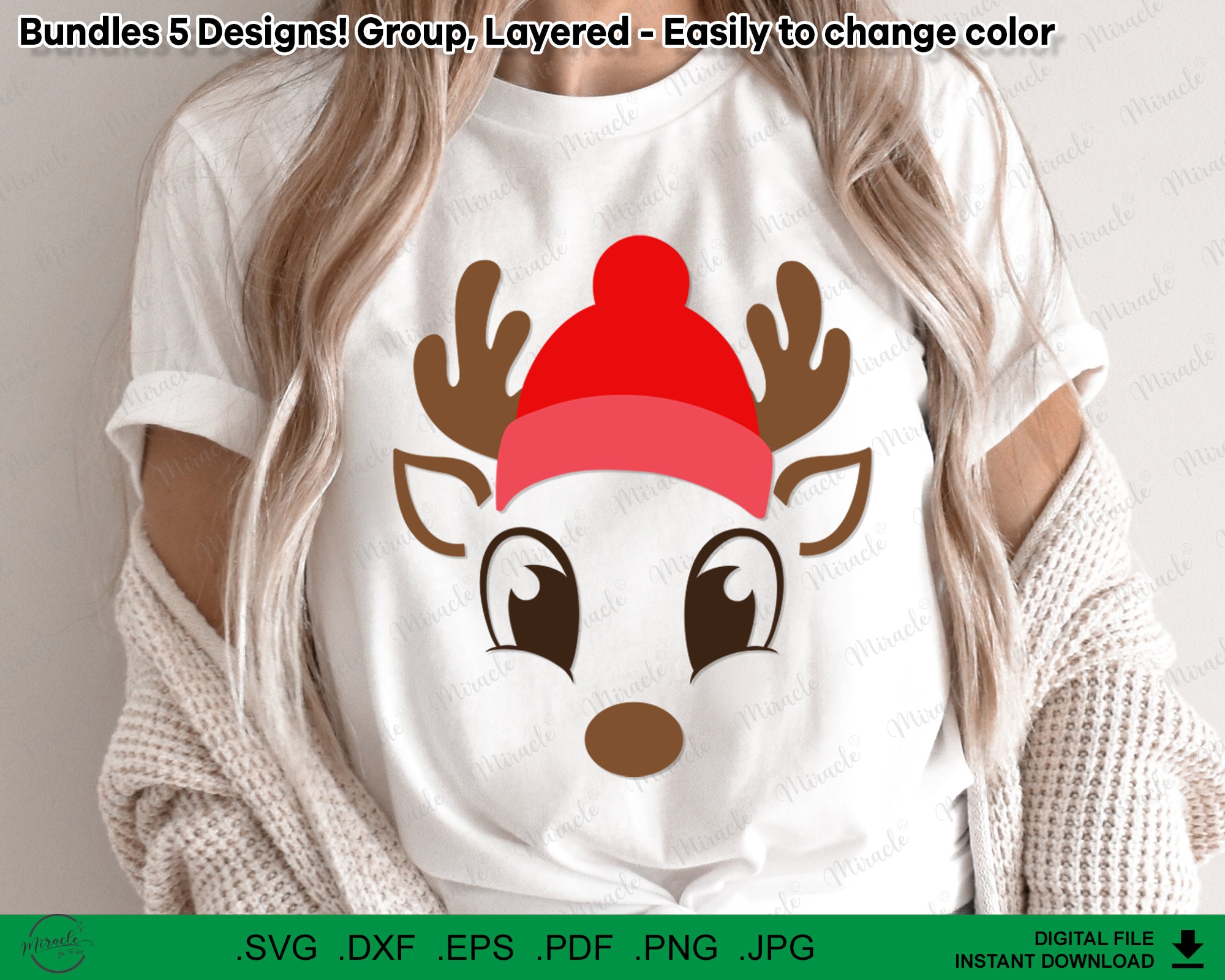 Christmas Reindeer Faces SVG Bundle 5 Designs Reindeer - Etsy