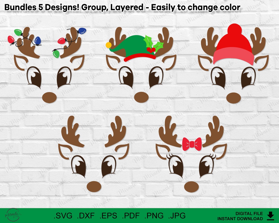 Christmas Reindeer Faces SVG Bundle 5 Designs Reindeer - Etsy
