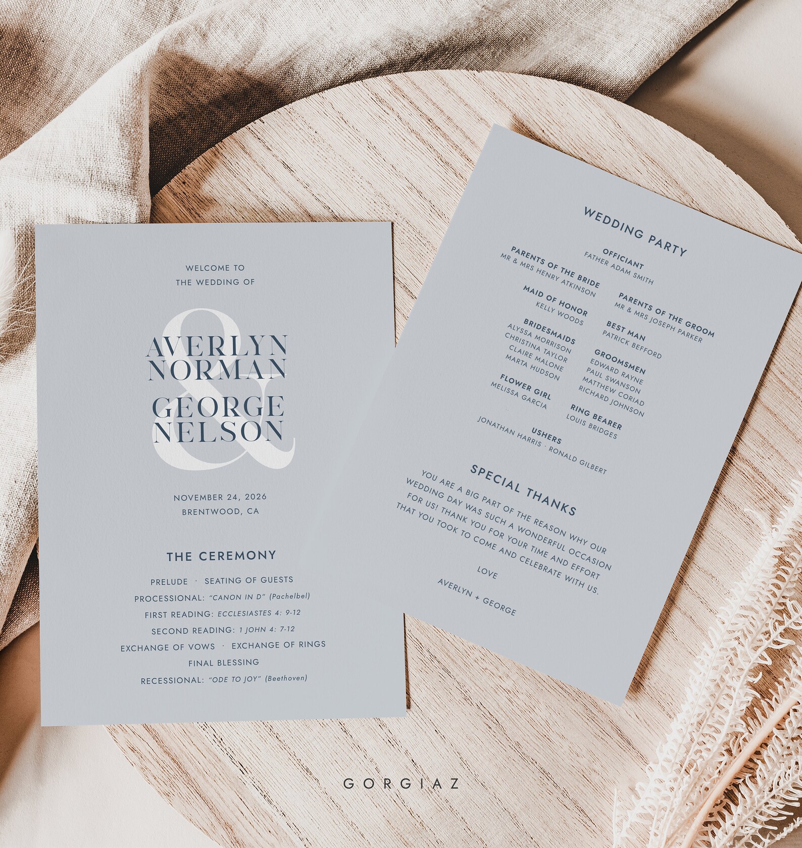Dusty Blue Wedding Program Template, Modern Minimalist Wedding Ceremony ...